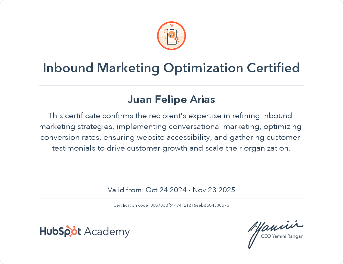 HubSpot Academy Inbound Marketing Optimization Certification