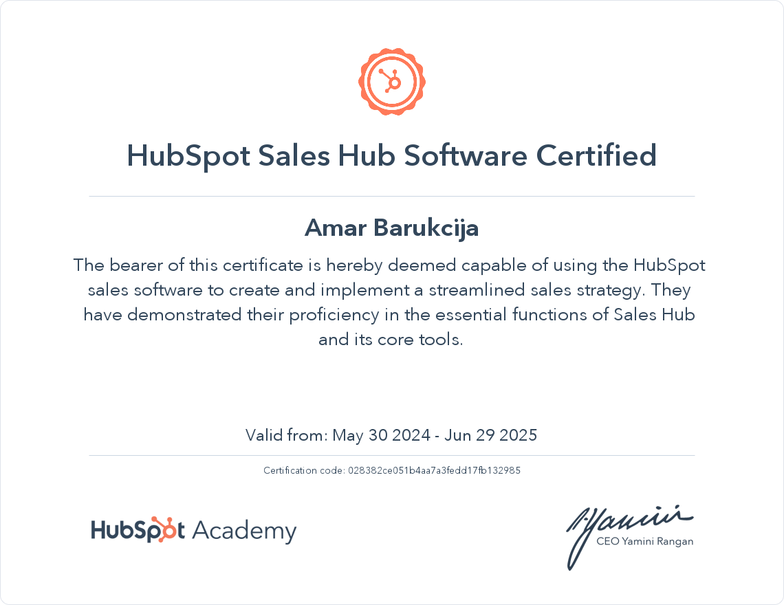 HubSpot Academy HubSpot Sales Hub Software Certification