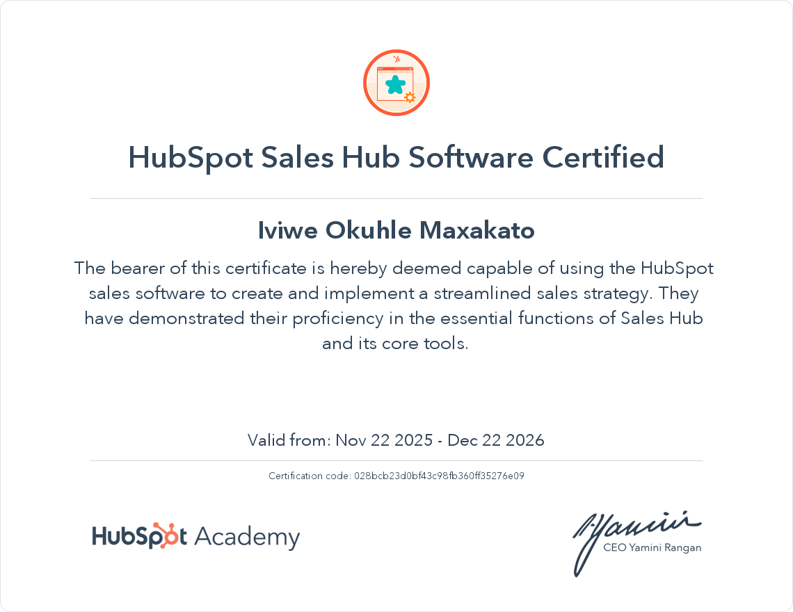 HubSpot Academy HubSpot Sales Hub Software Certification