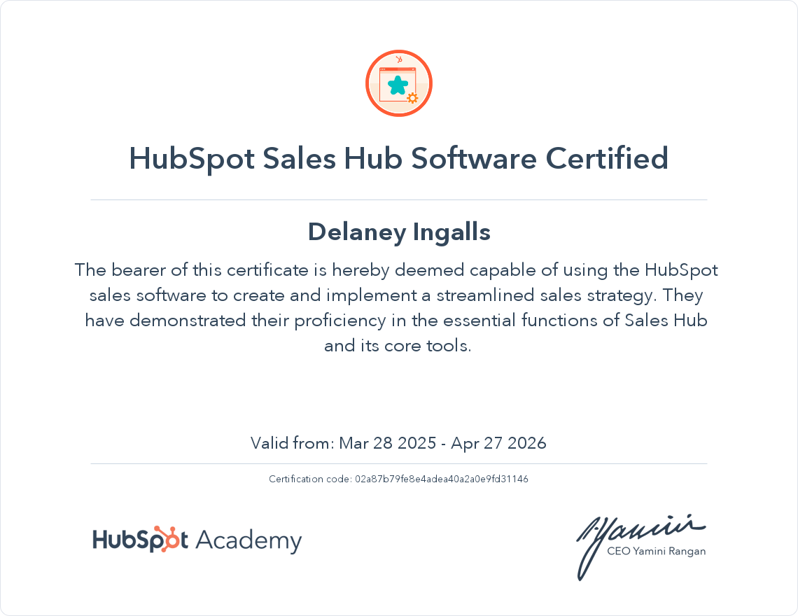 HubSpot Academy HubSpot Sales Hub Software Certification