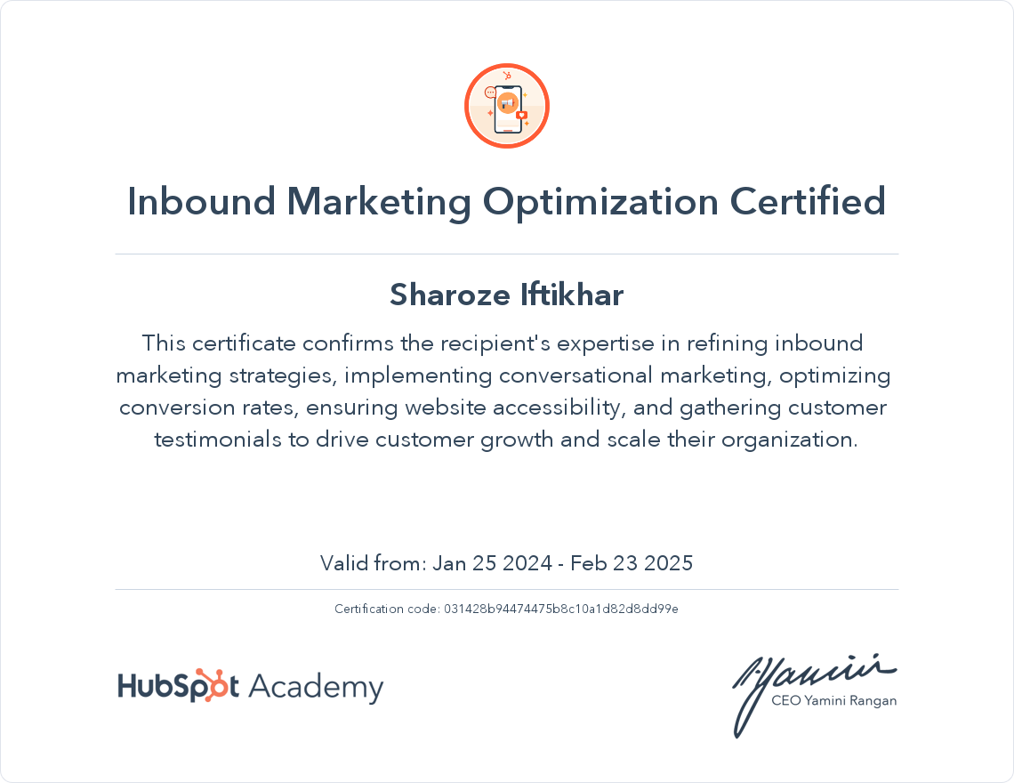 HubSpot Academy Inbound Marketing Optimization Certification