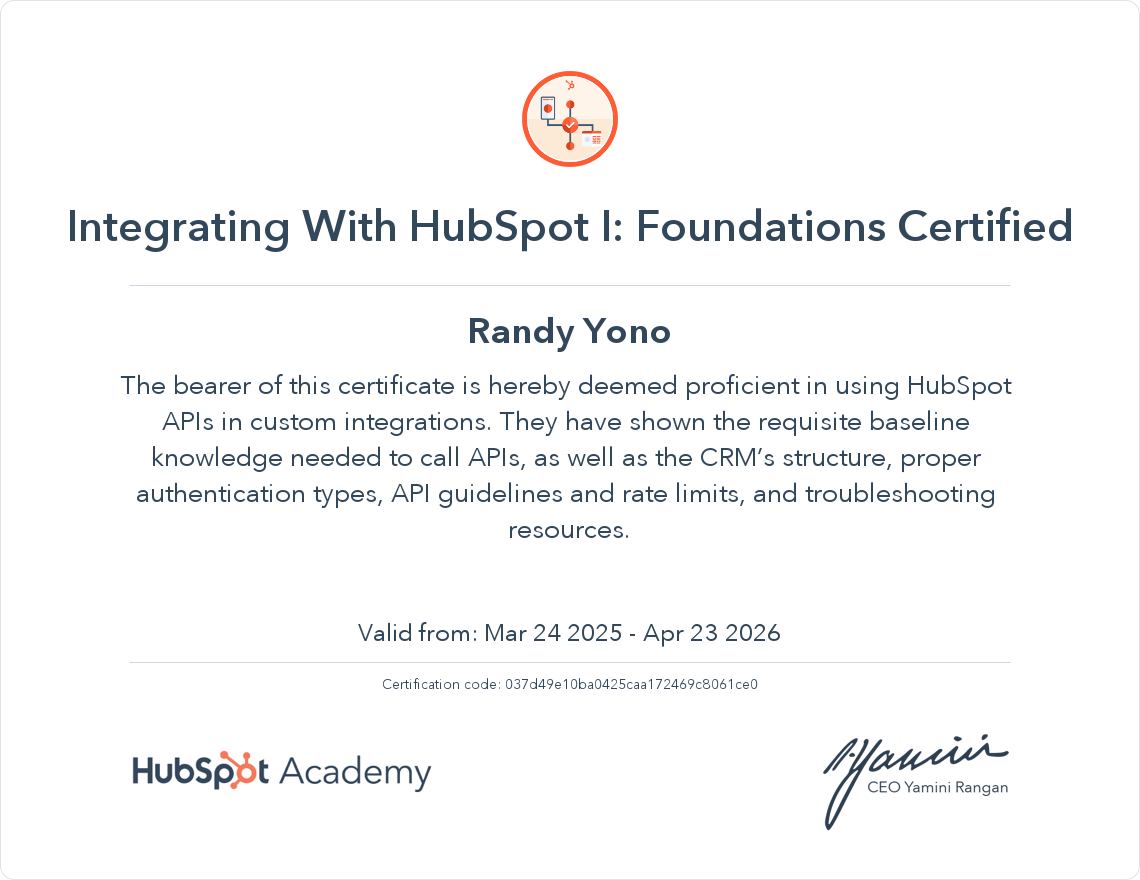 HubSpot Academy Integrating With HubSpot I: Foundations Certification
