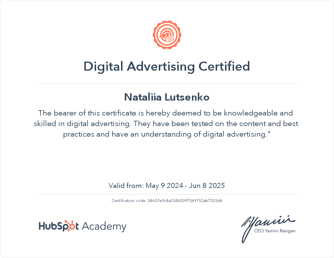 HubSpot Academy Digital Advertising Certification