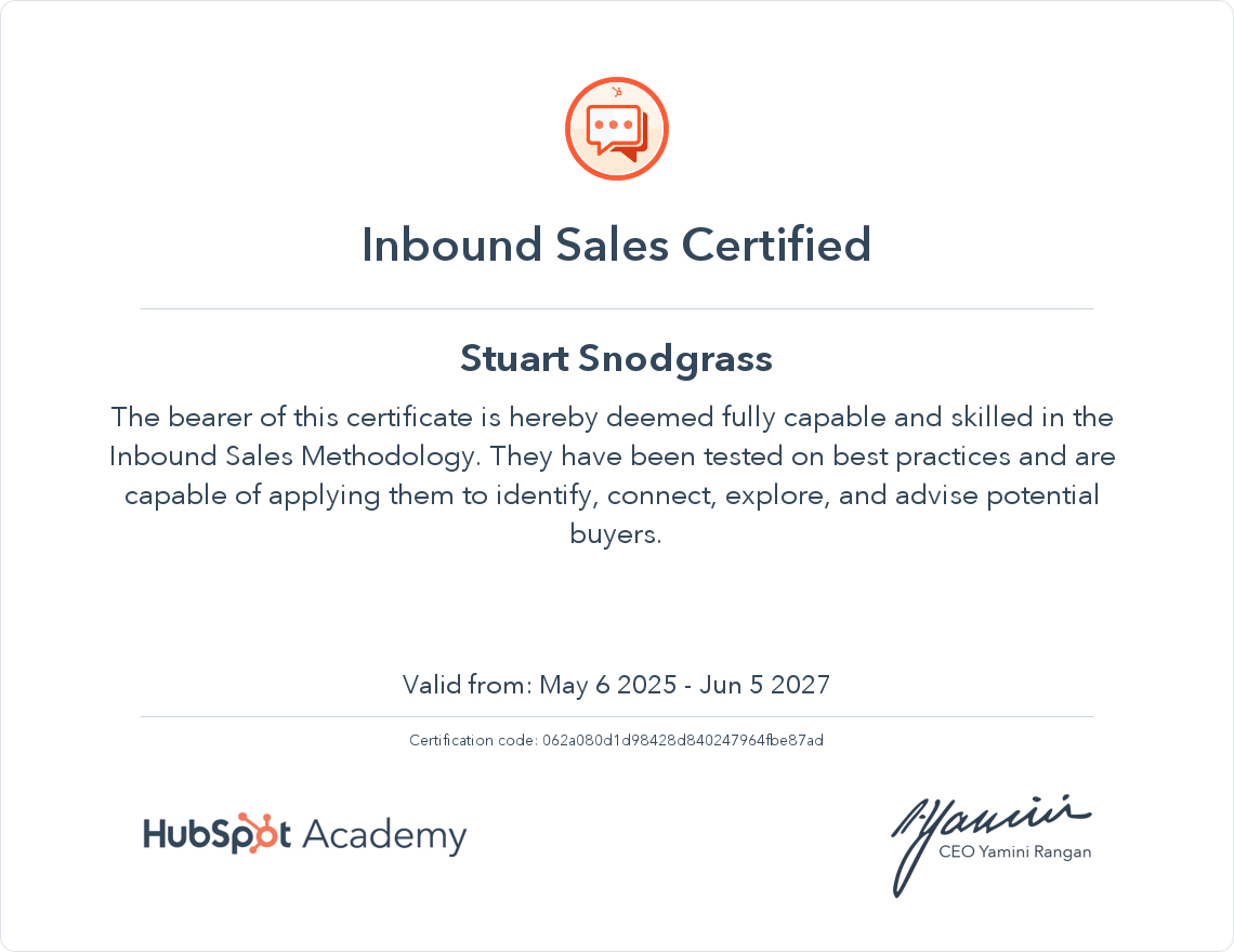 HubSpot Academy Inbound Sales Certification