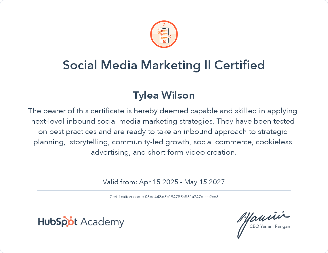 HubSpot Academy Social Media Marketing Certification II Certification