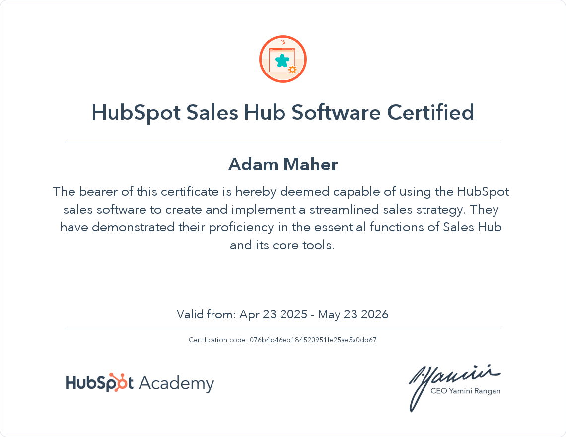 HubSpot Academy HubSpot Sales Hub Software Certification
