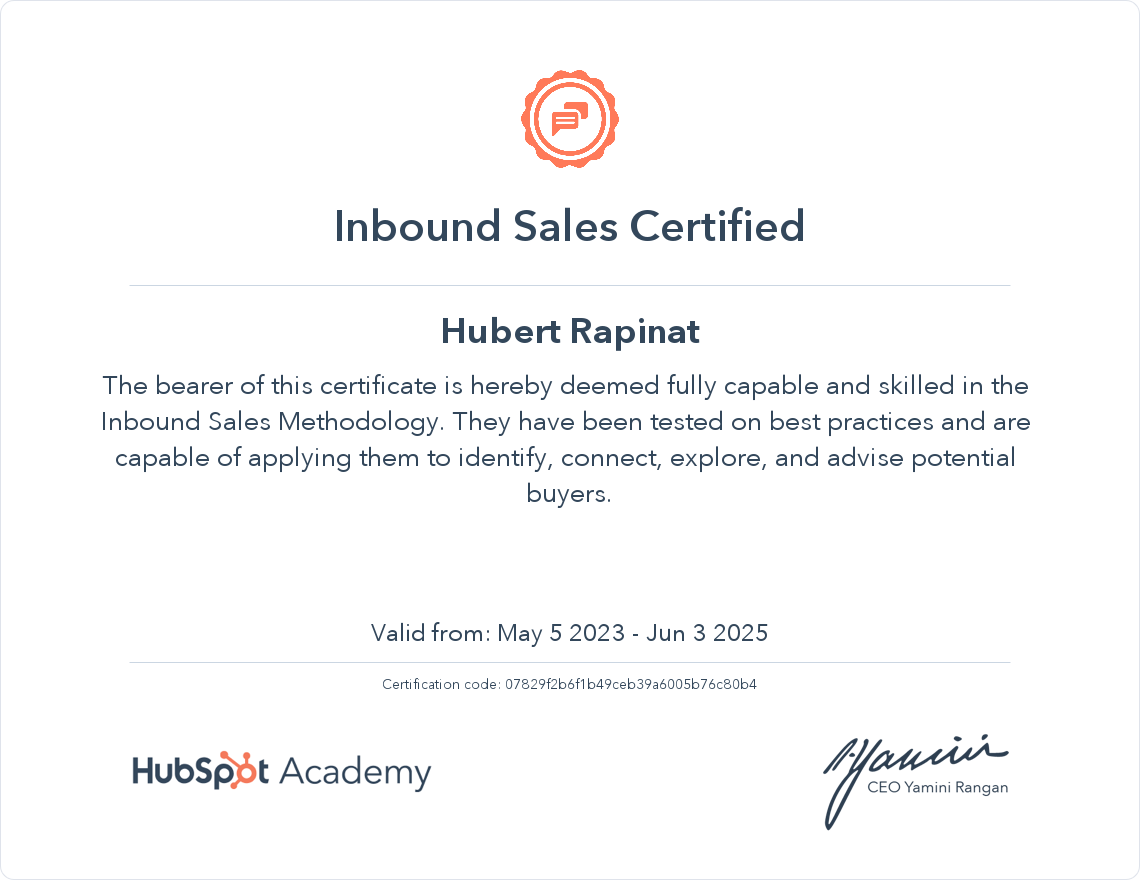 HubSpot Academy Inbound Sales Certification