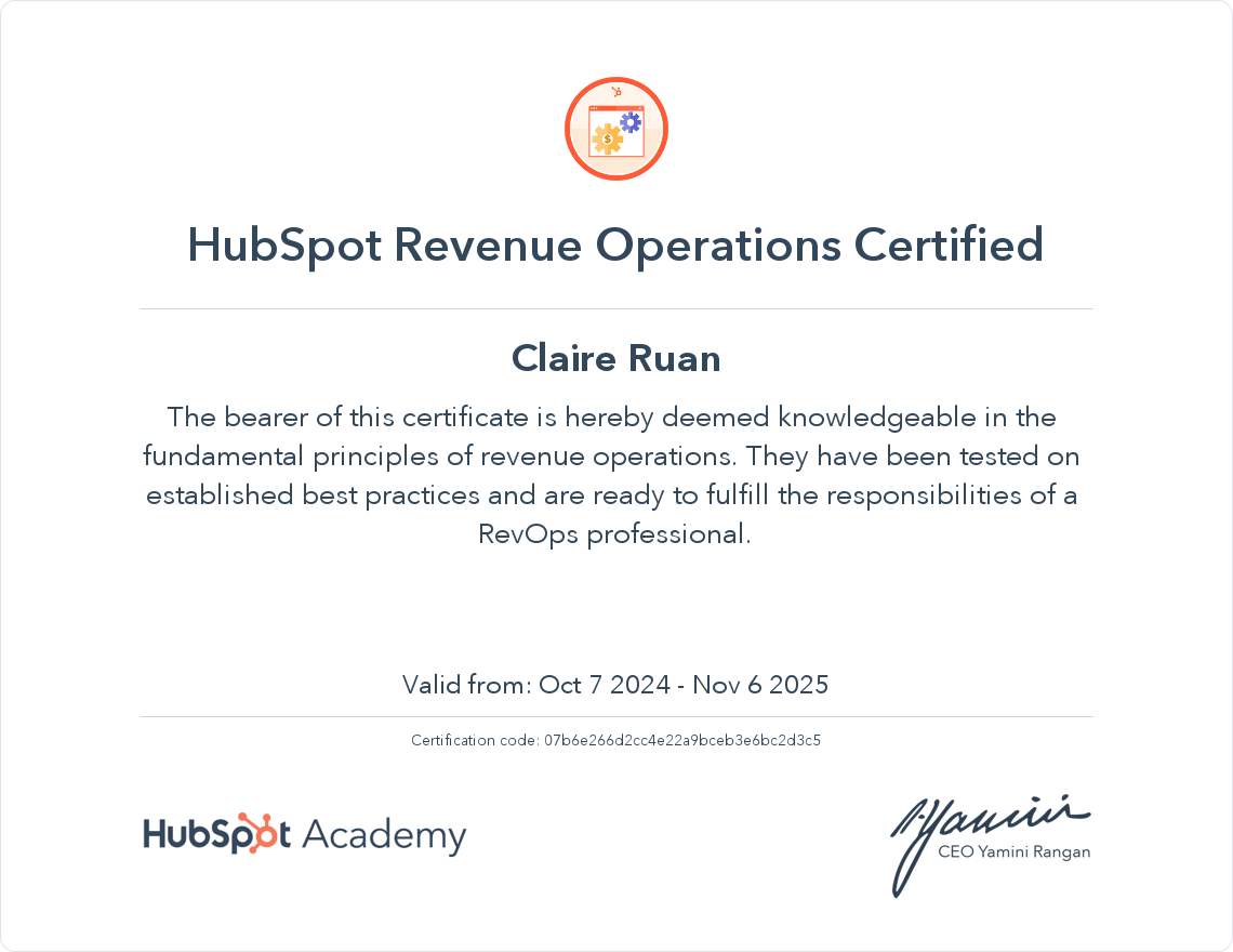 HubSpot Academy Revenue Operations Certification