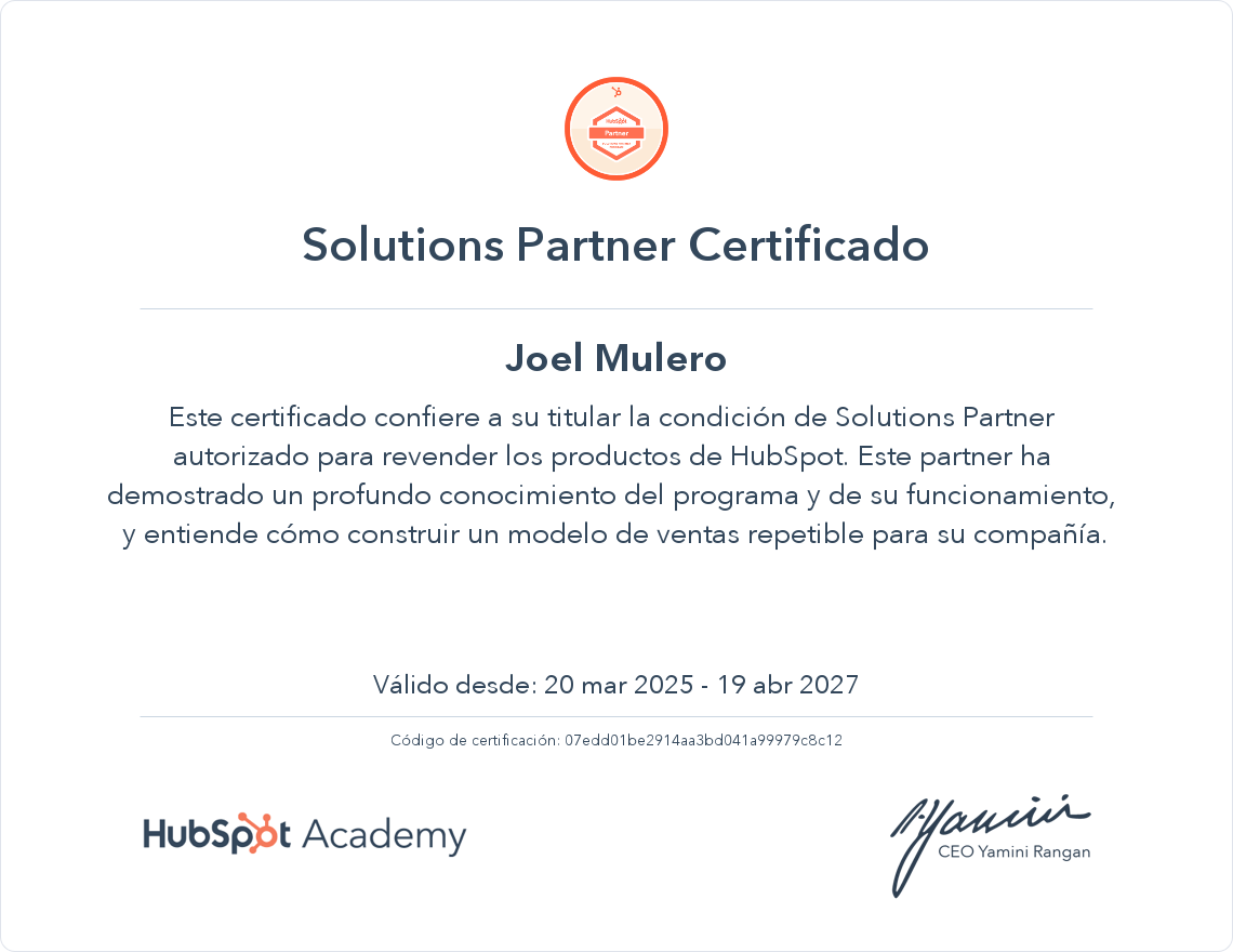 HubSpot Academy Certificación de Solutions Partner Certification