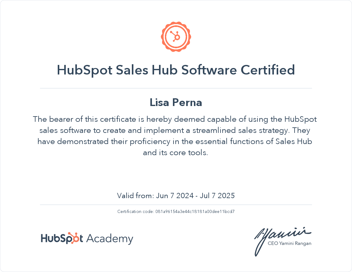 HubSpot Academy HubSpot Sales Hub Software Certification