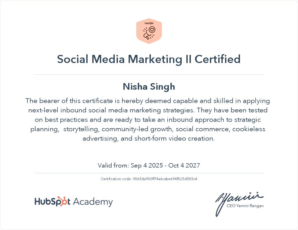 HubSpot Academy Social Media Marketing Certification II Certification
