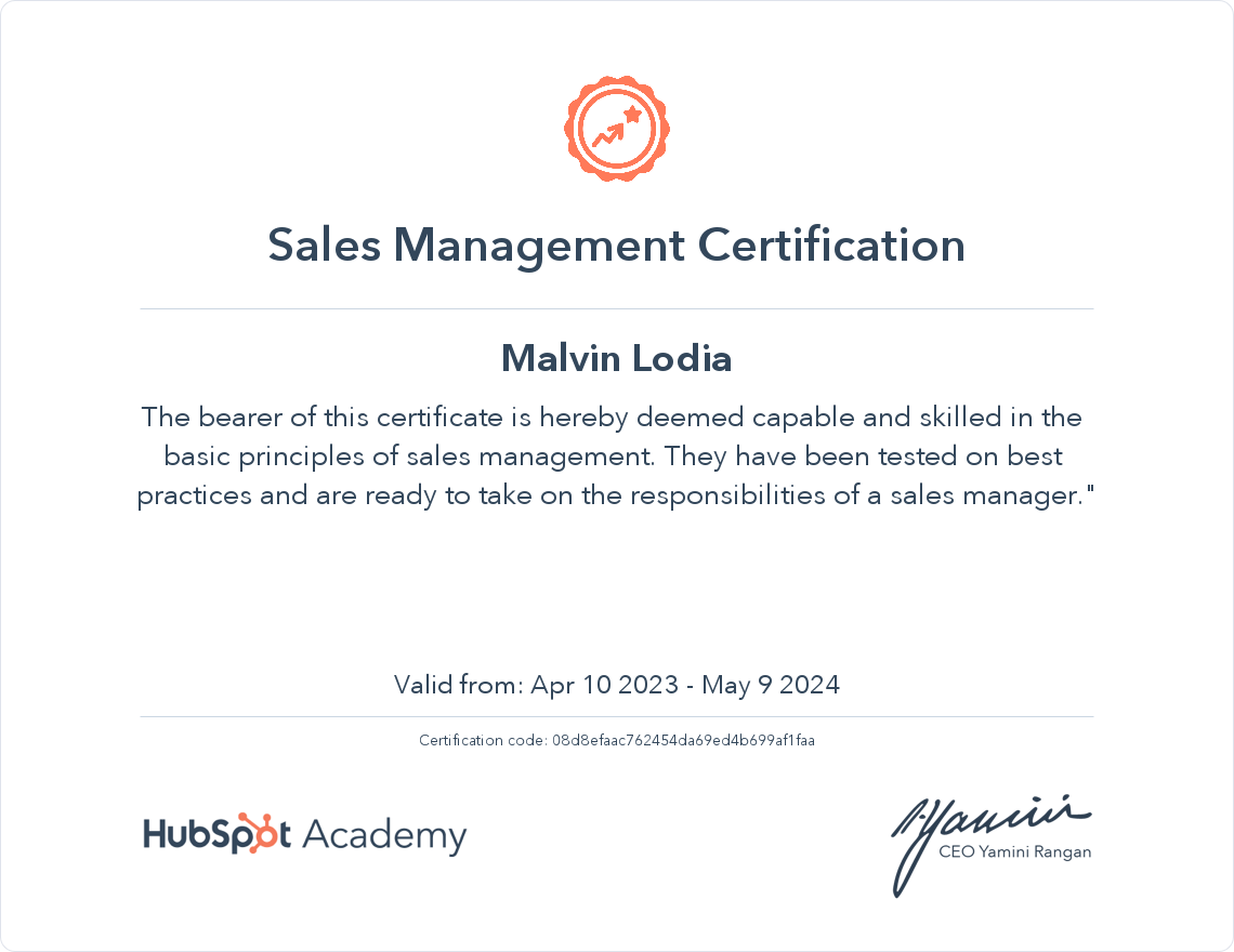 HubSpot Academy Sales Management Certification