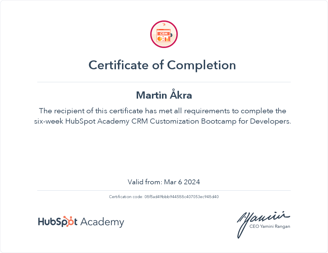 HubSpot Academy CRM Customization Bootcamp for Developers Certification