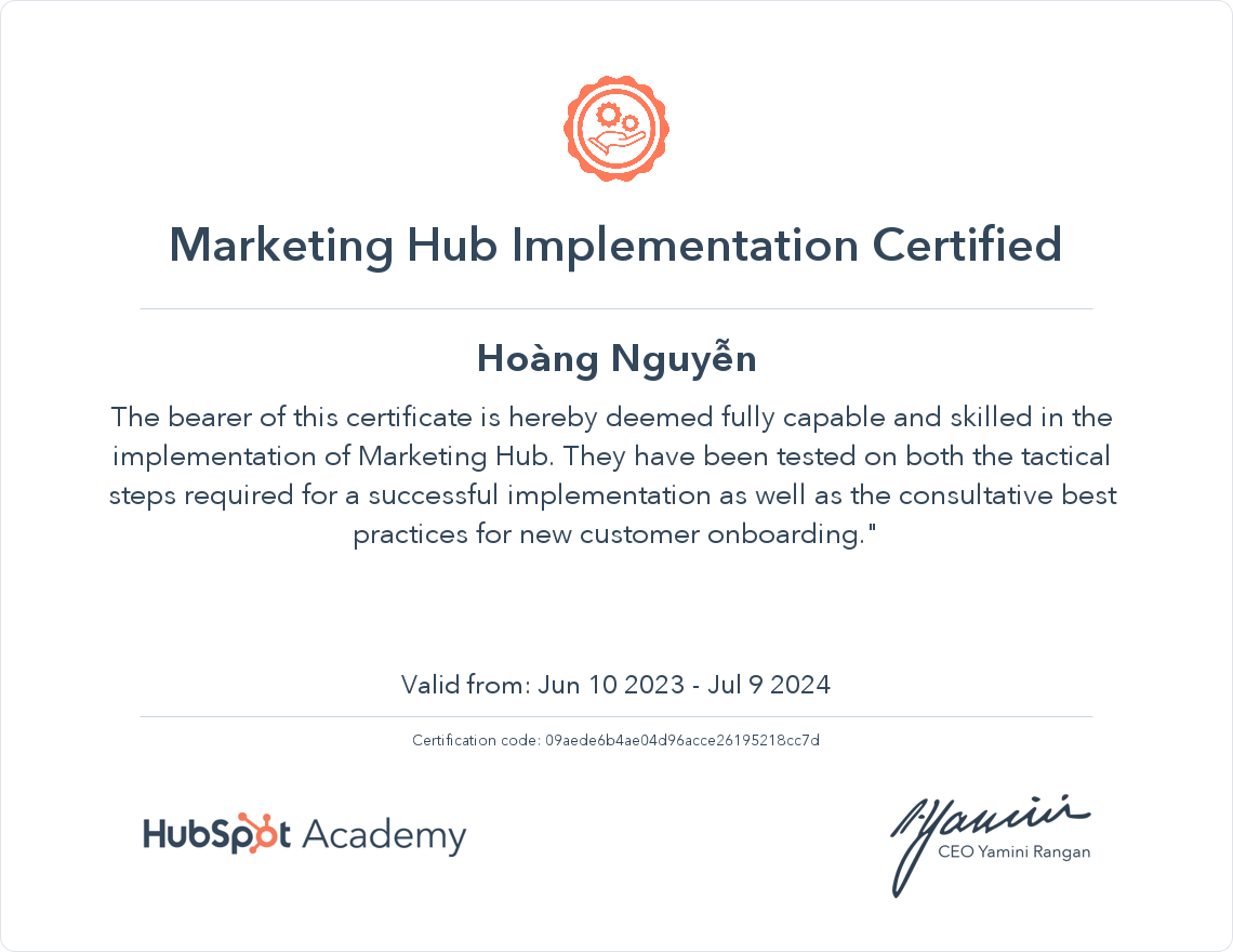 HubSpot Academy Implémentation du Marketing Hub Certification
