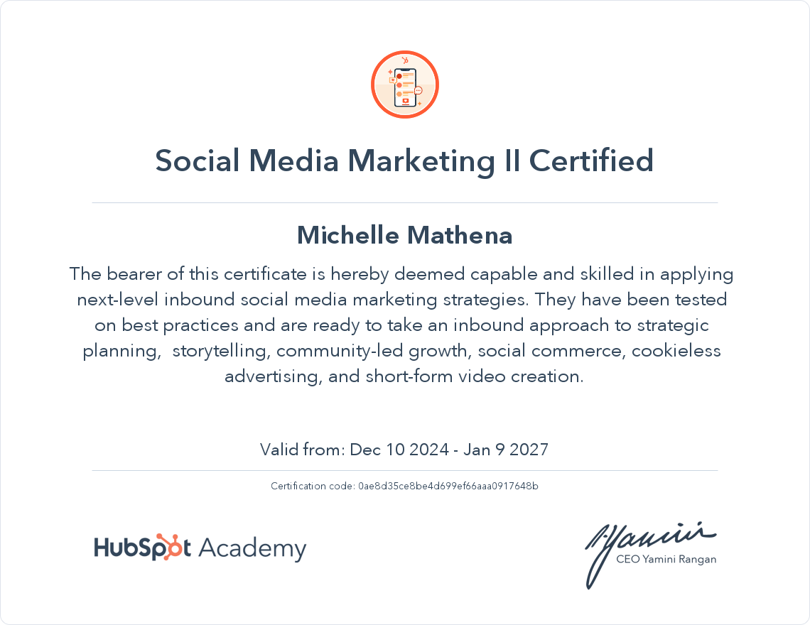 HubSpot Academy Social Media Marketing Certification II Certification