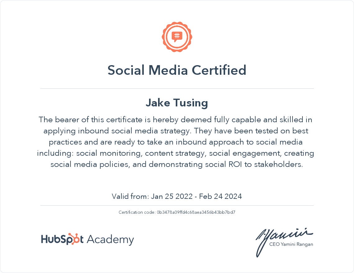 HubSpot Academy Social Media Marketing Certification