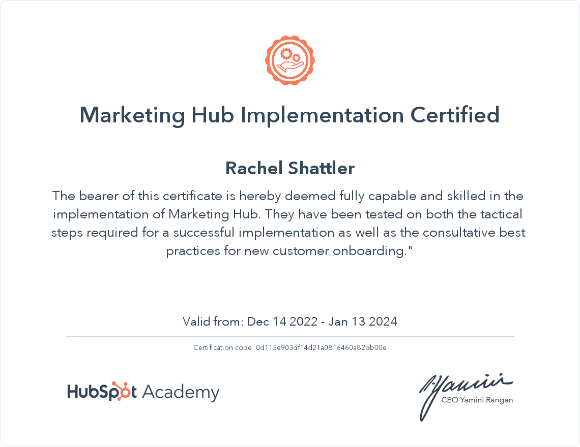 HubSpot Academy Implémentation du Marketing Hub Certification