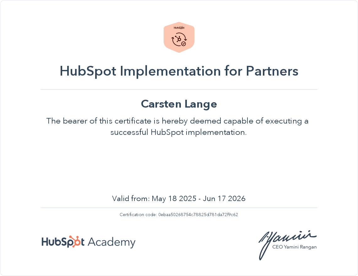 HubSpot Academy HubSpot Implementation for Partners Certification
