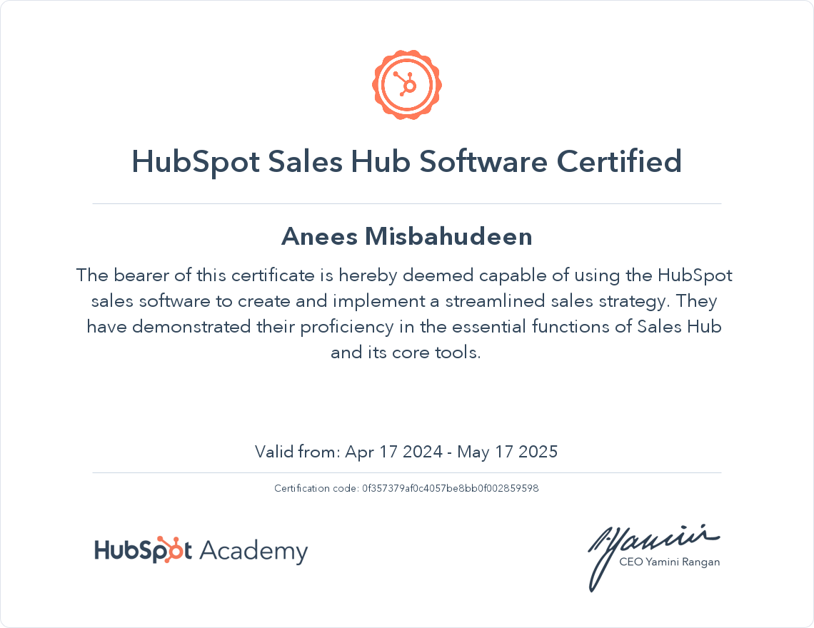 HubSpot Academy HubSpot Sales Hub Software Certification