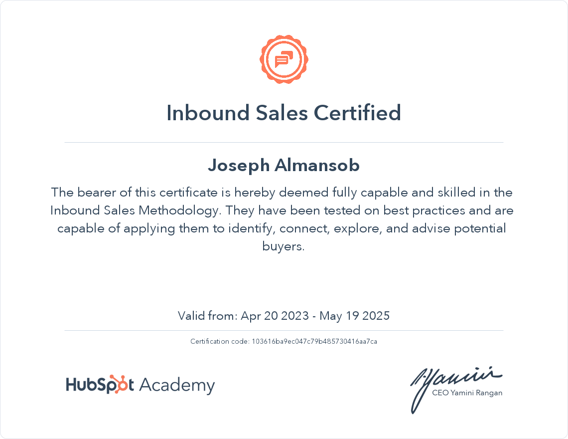 HubSpot Academy Inbound Sales Certification