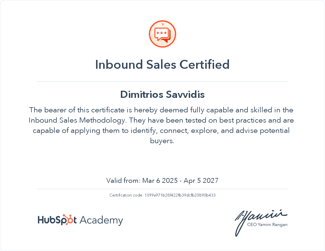 HubSpot Academy Inbound Sales Certification