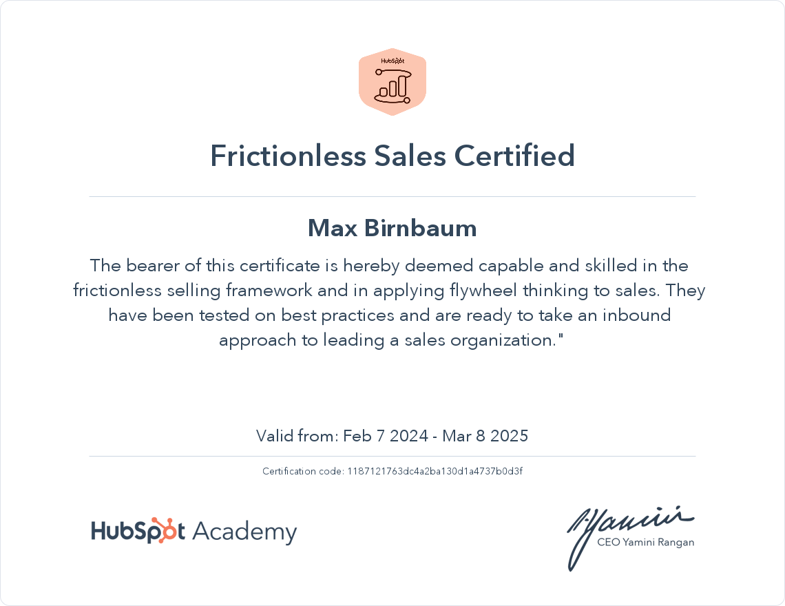 HubSpot Academy Frictionless Sales Certification
