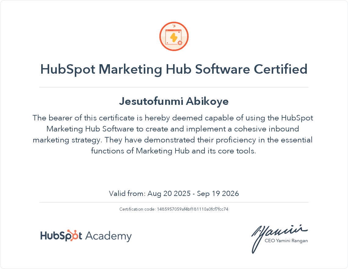HubSpot Academy HubSpot Marketing Hub Software Certification