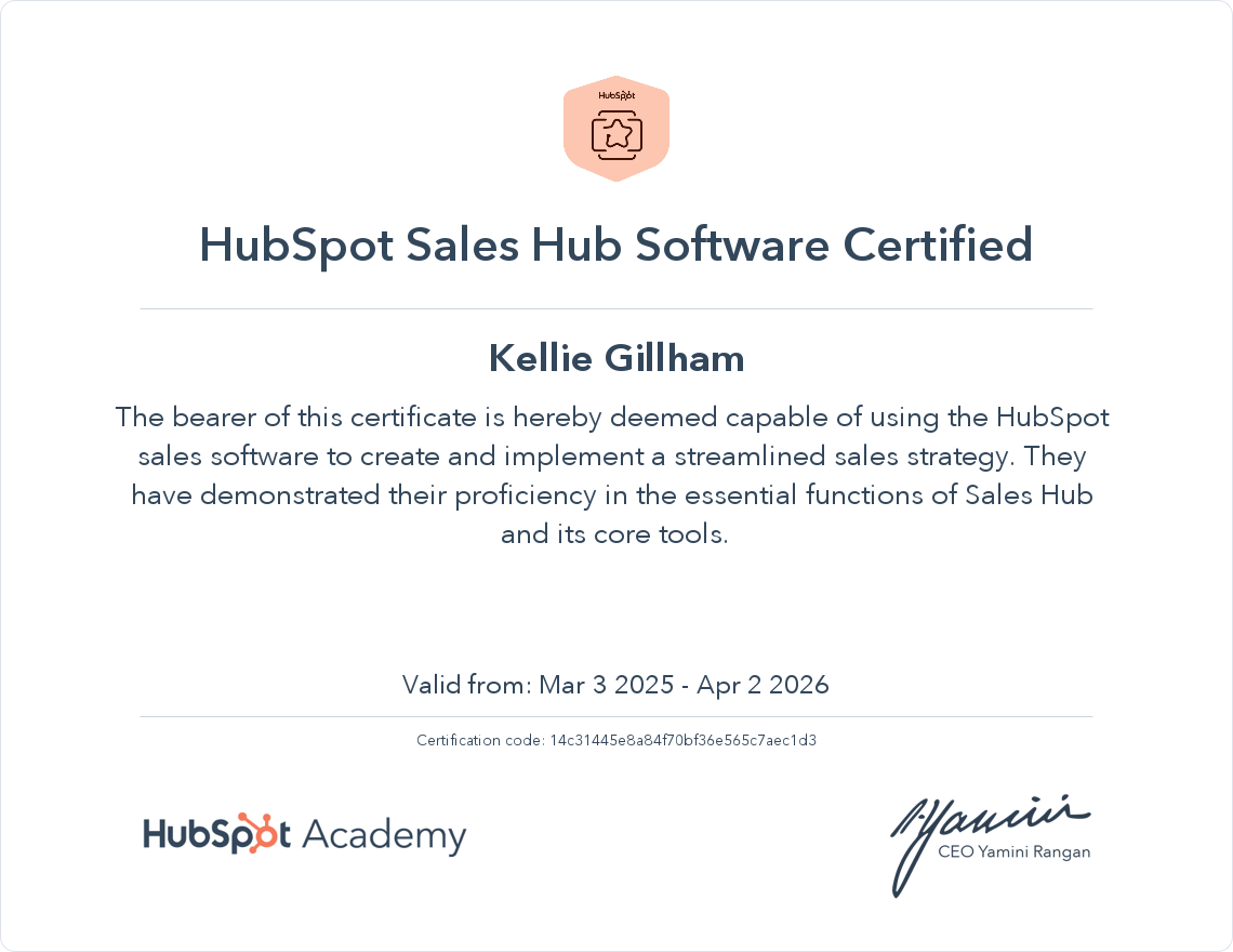 HubSpot Academy HubSpot Sales Hub Software Certification