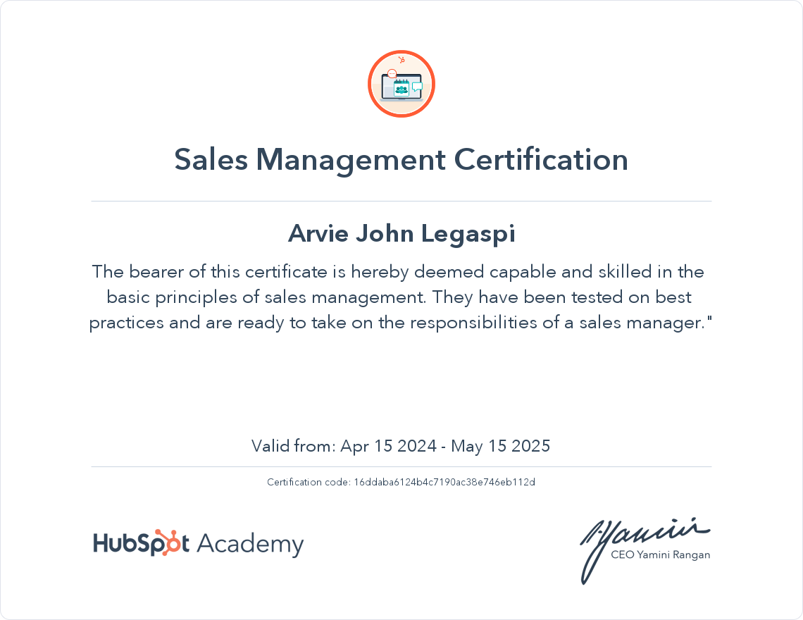 HubSpot Academy Sales Management Certification