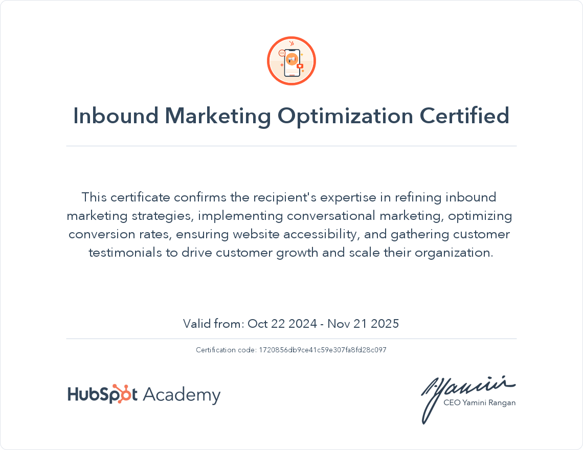 HubSpot Academy Inbound Marketing Optimization Certification