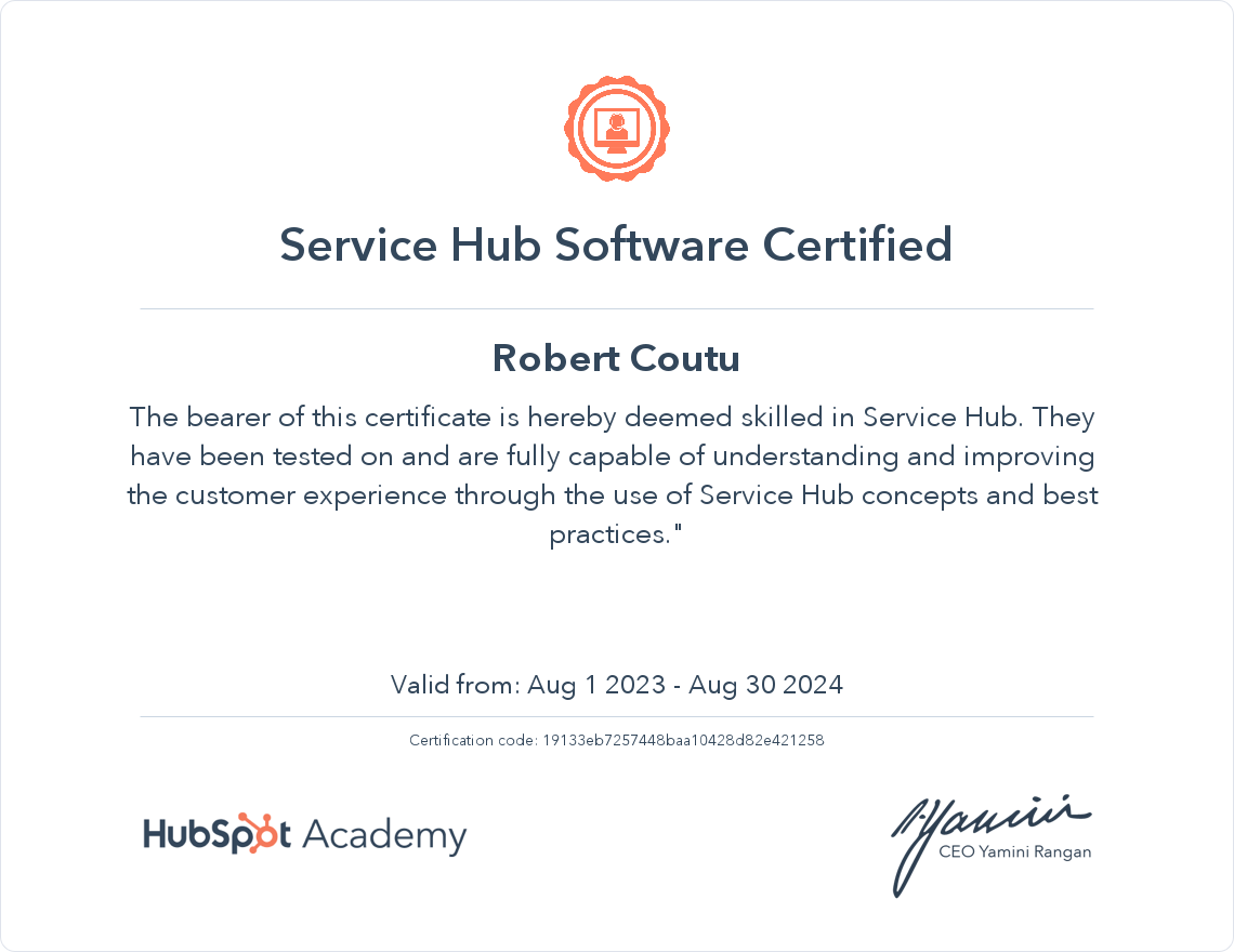 HubSpot Academy Certification au logiciel Service Hub Certification