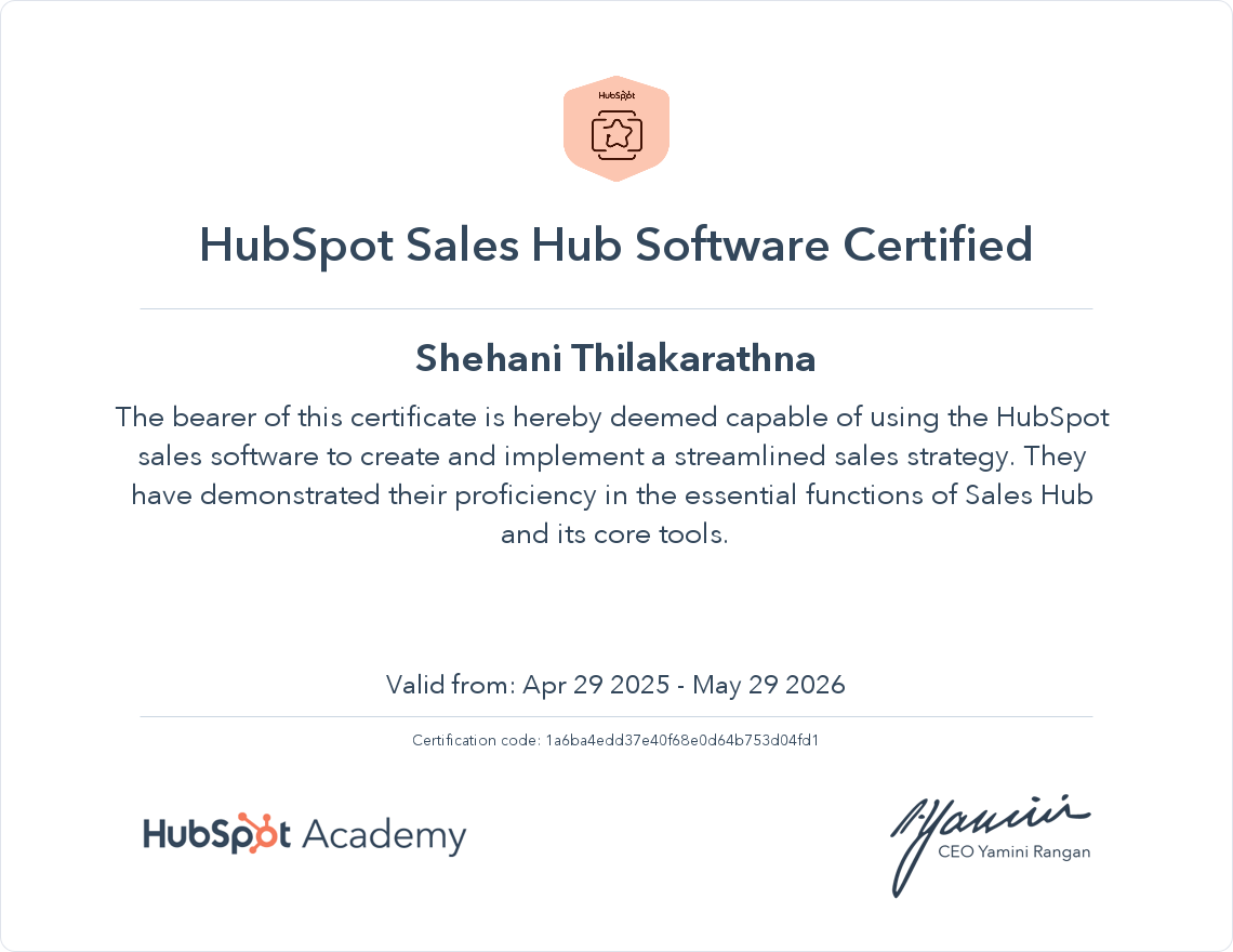 HubSpot Academy HubSpot Sales Hub Software Certification