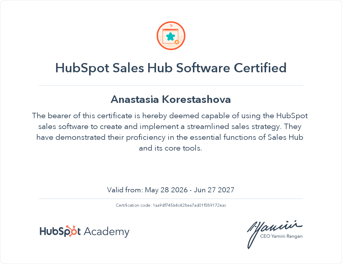 HubSpot Academy HubSpot Sales Hub Software Certification