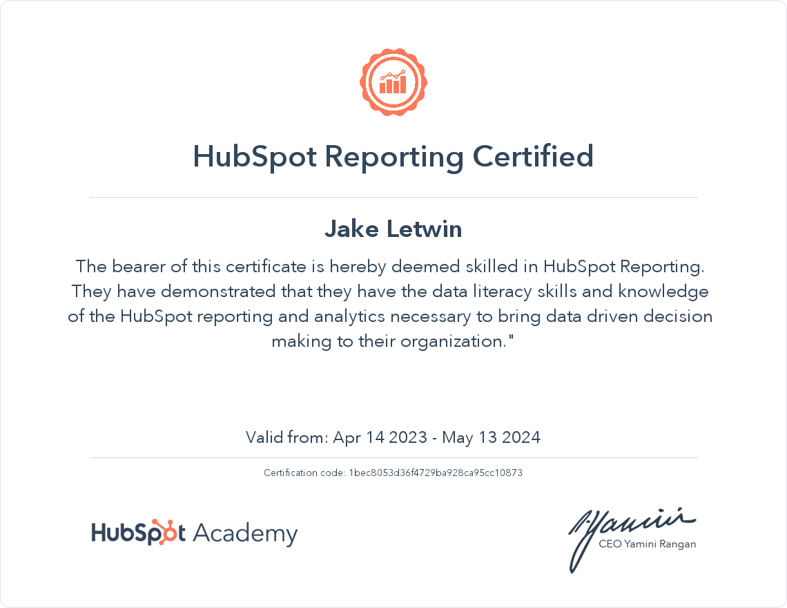 HubSpot Academy HubSpot Reporting Certification