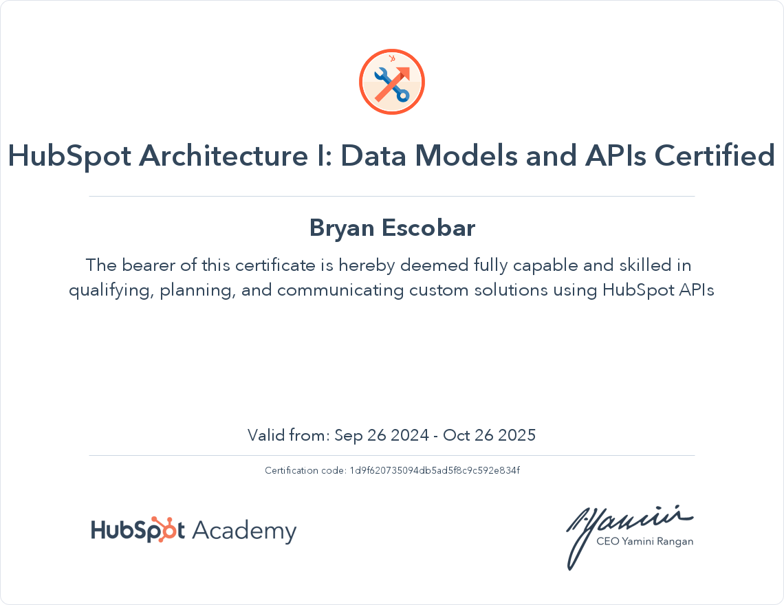 HubSpot Academy HubSpot Architecture I: Data Models and APIs Certification