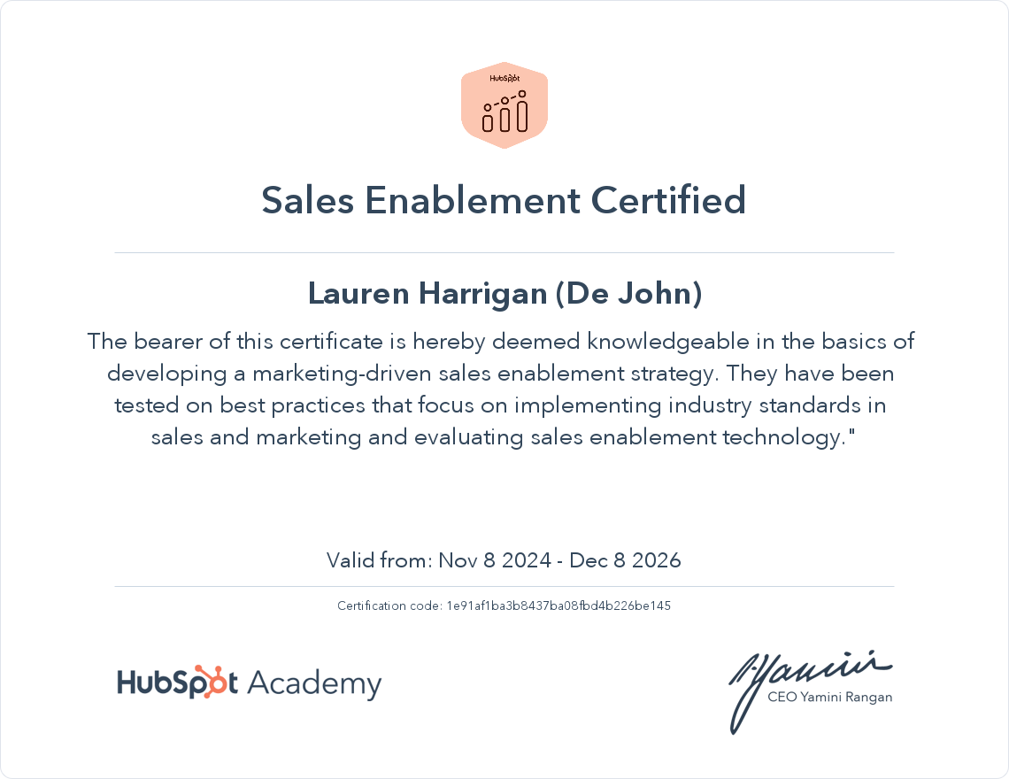 HubSpot Academy Sales Enablement Certification