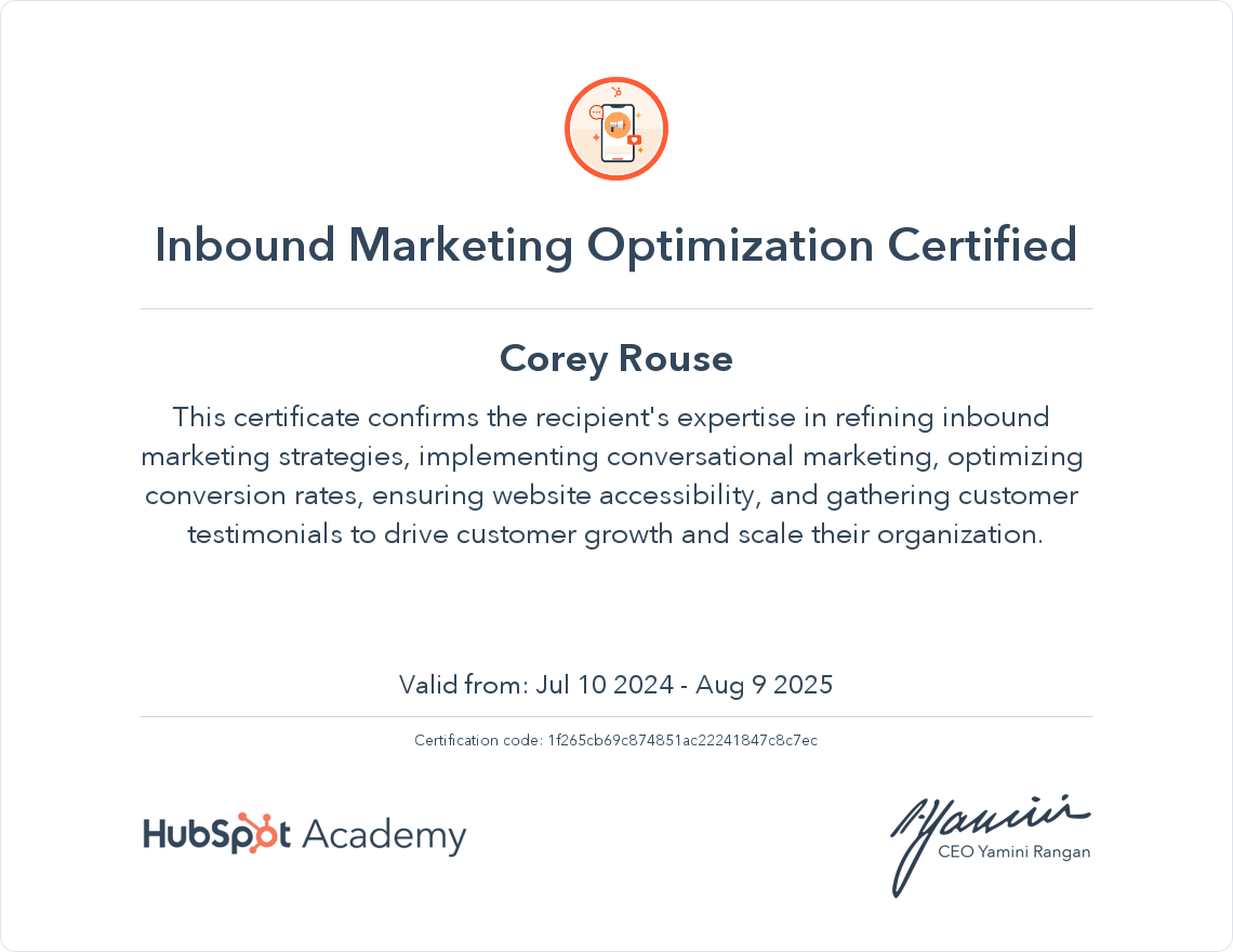 HubSpot Academy Inbound Marketing Optimization Certification