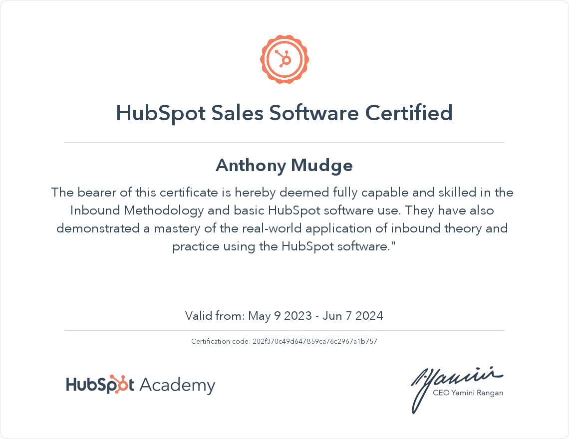 HubSpot Academy HubSpot Sales Software Certification