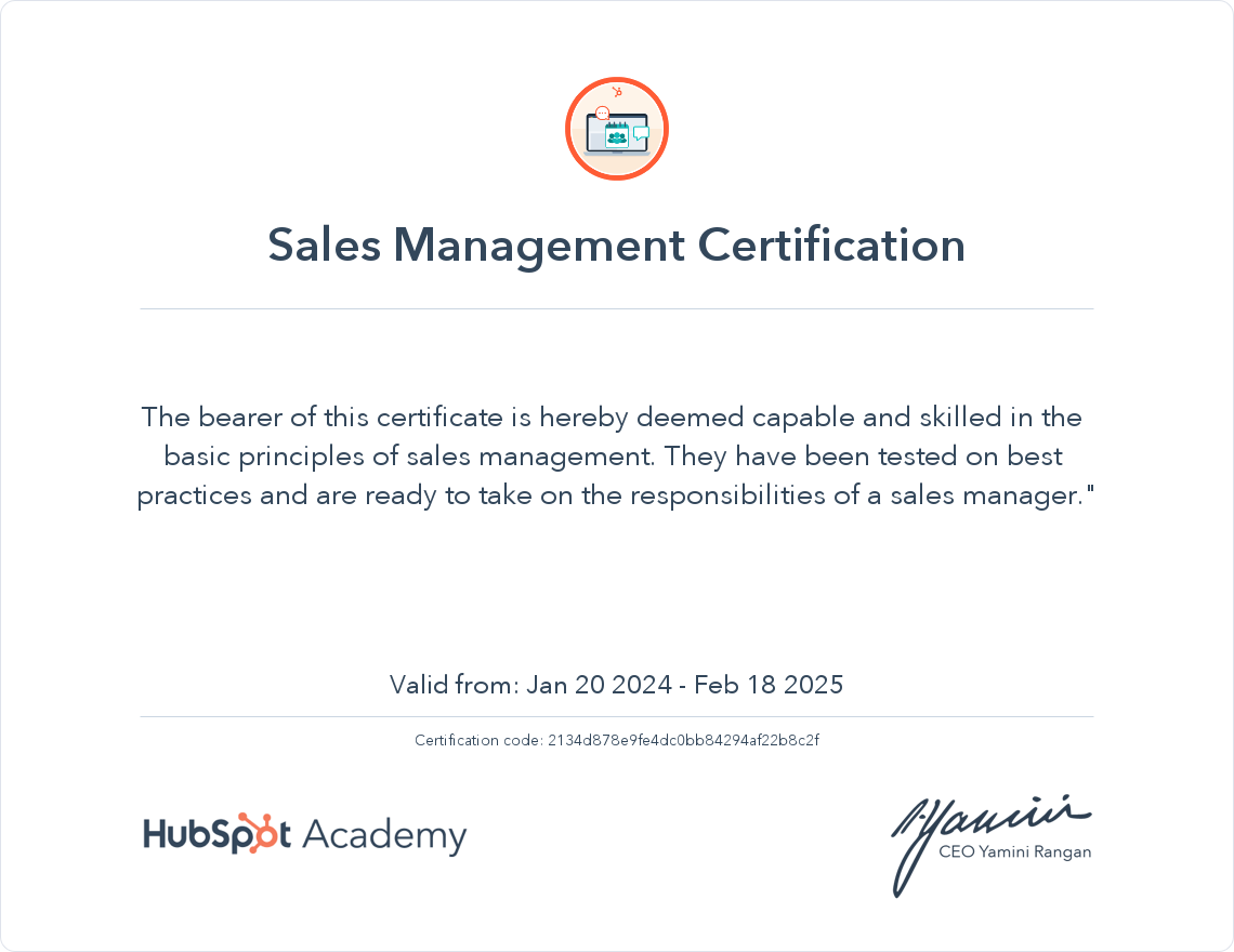 HubSpot Academy Sales Management Certification