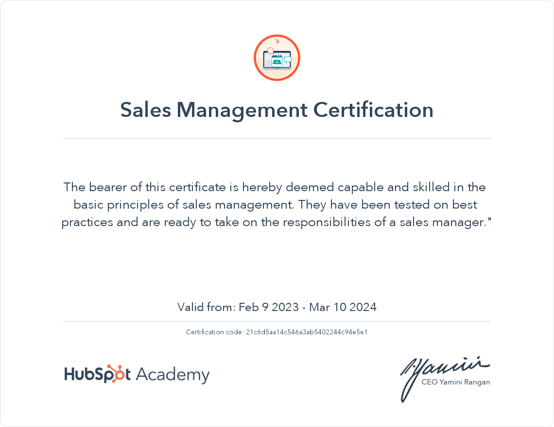 HubSpot Academy Sales Management Certification