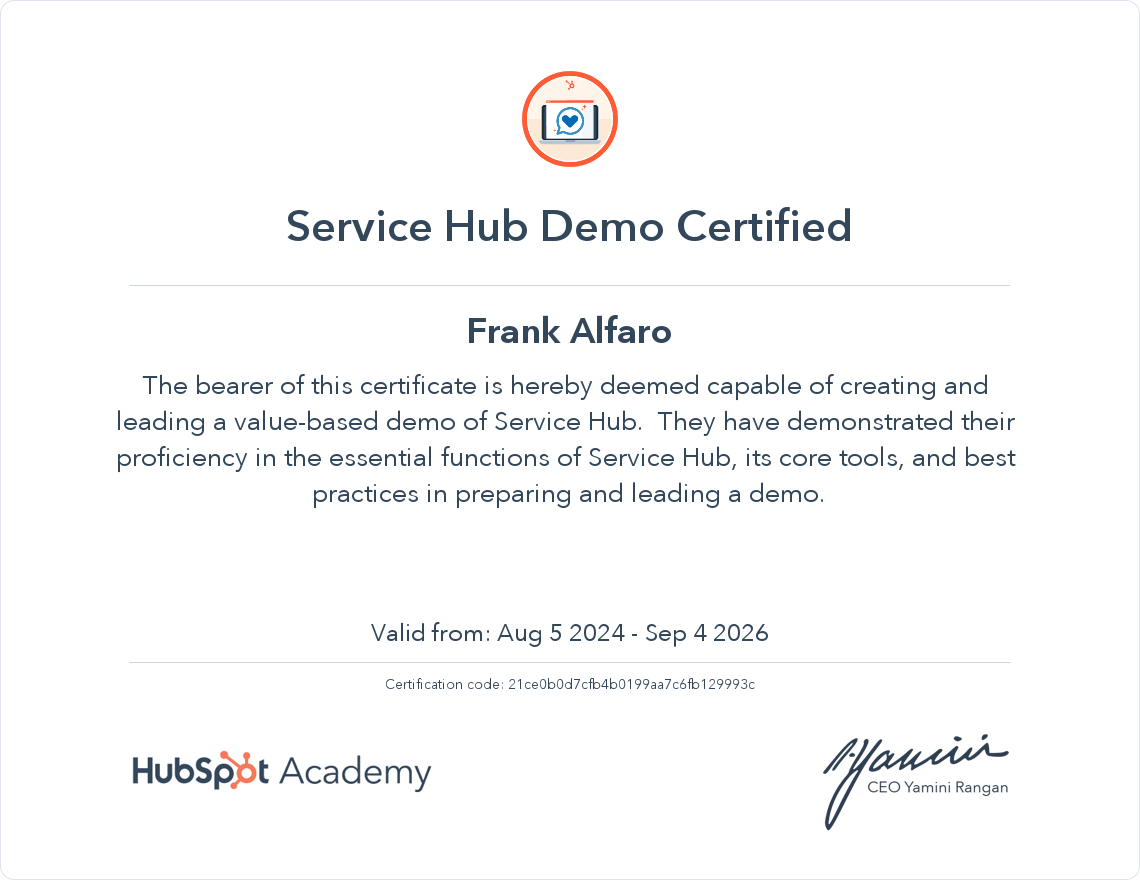 HubSpot Academy Service Hub Demo Certification Certification