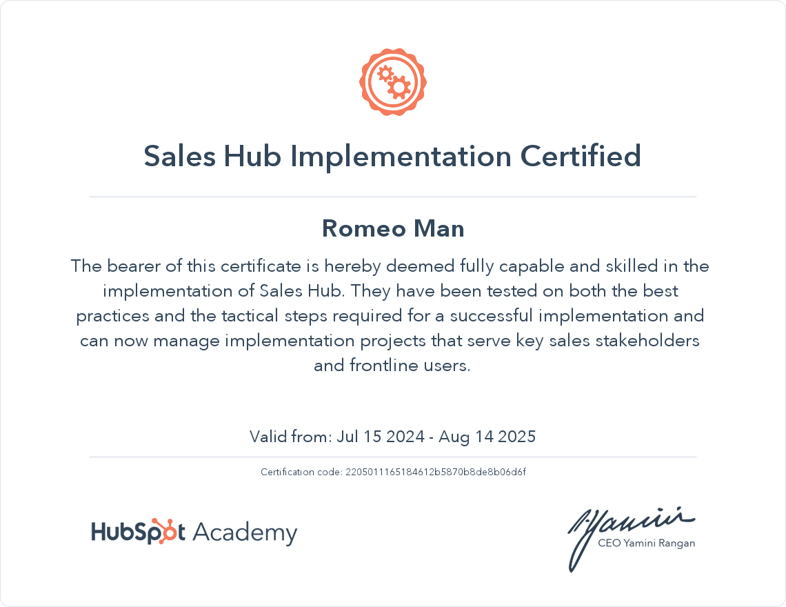 HubSpot Academy Implémentation du Sales Hub Certification
