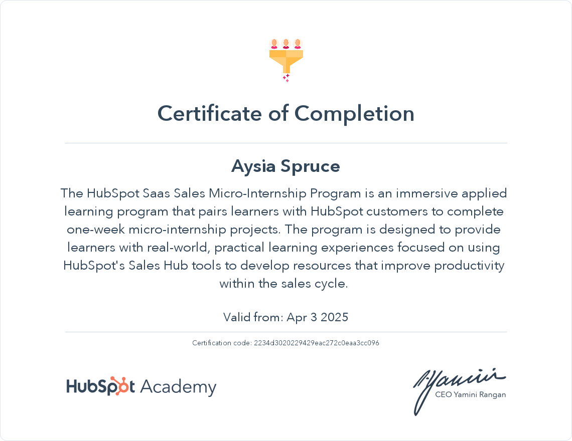 HubSpot Academy HubSpot Saas Sales Micro-Internship Program Certification