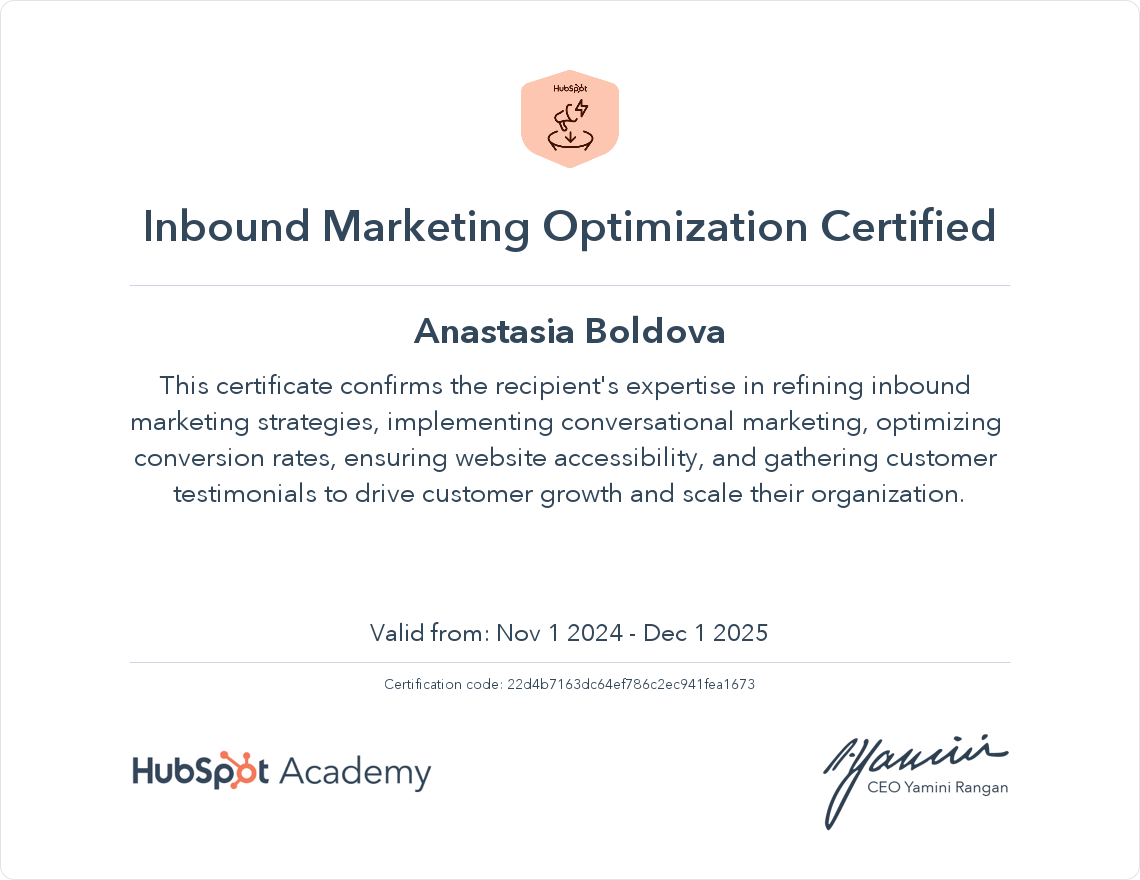 HubSpot Academy Inbound Marketing Optimization Certification