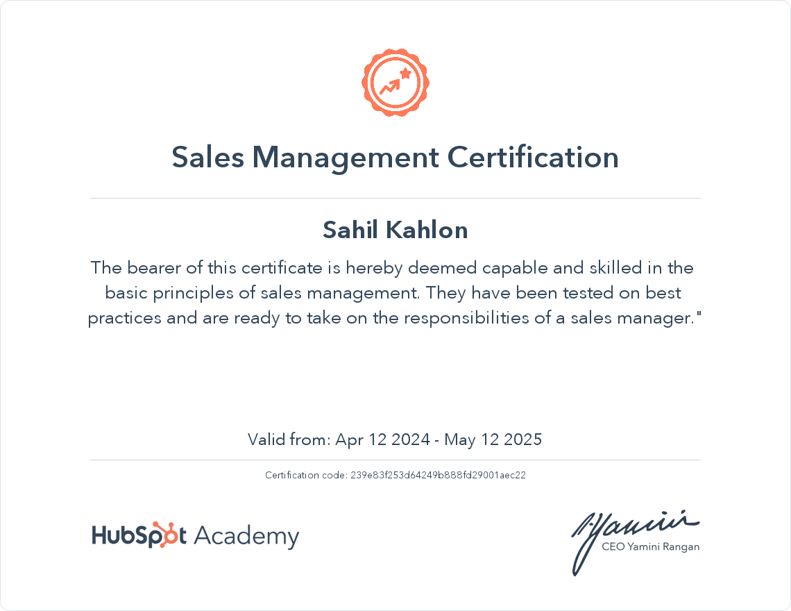 HubSpot Academy Sales Management Certification