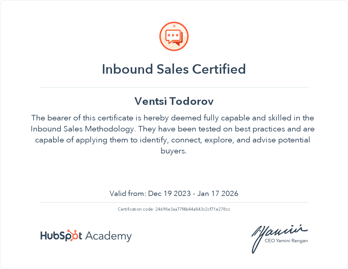 HubSpot Academy Inbound Sales Certification