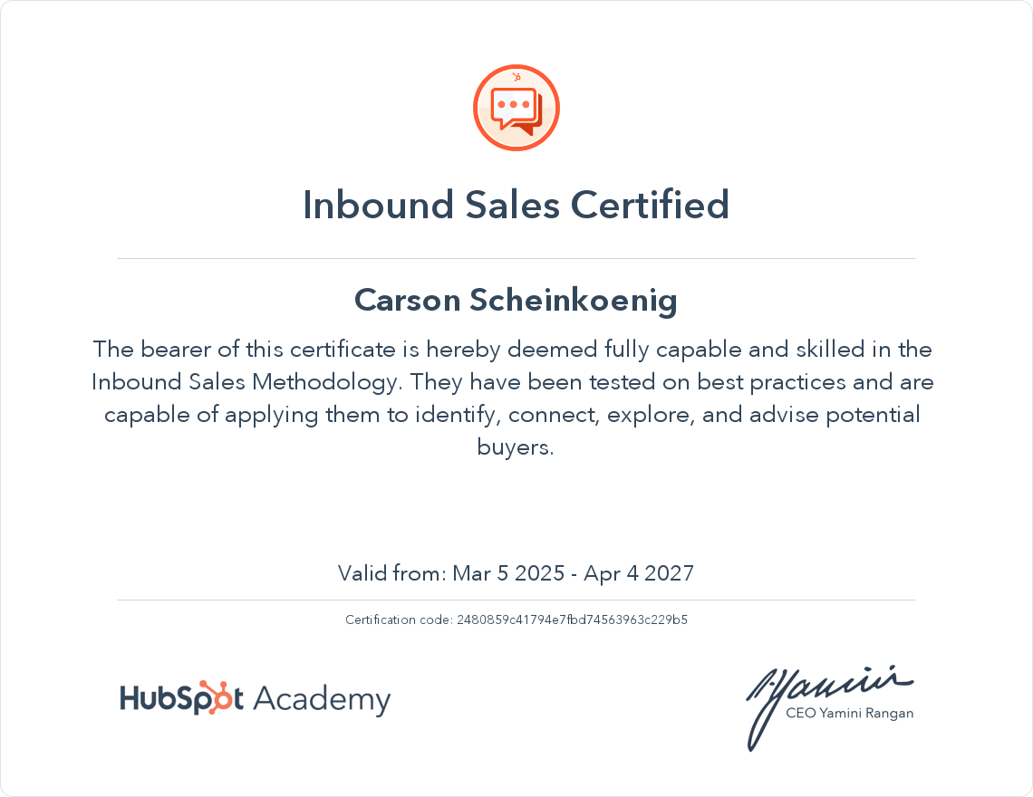 HubSpot Academy Inbound Sales Certification
