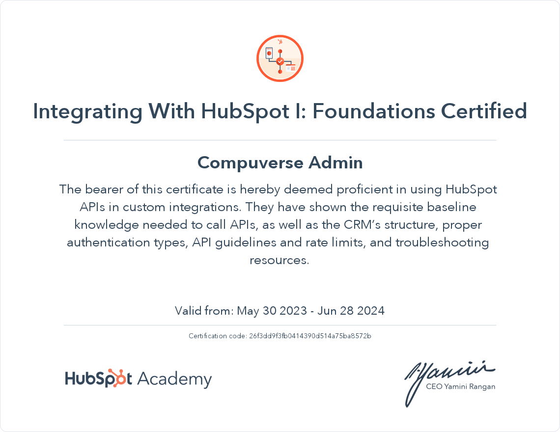 HubSpot Academy Integrating With HubSpot I: Foundations Certification