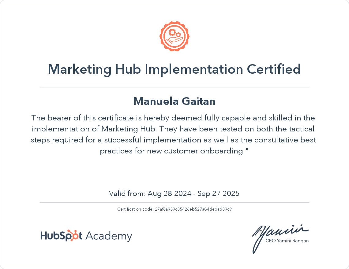 HubSpot Academy Implémentation du Marketing Hub Certification