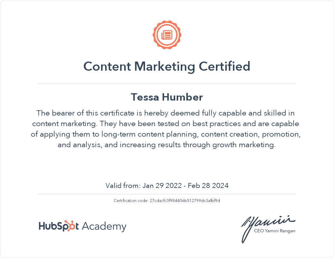 HubSpot Academy Content Marketing Certification